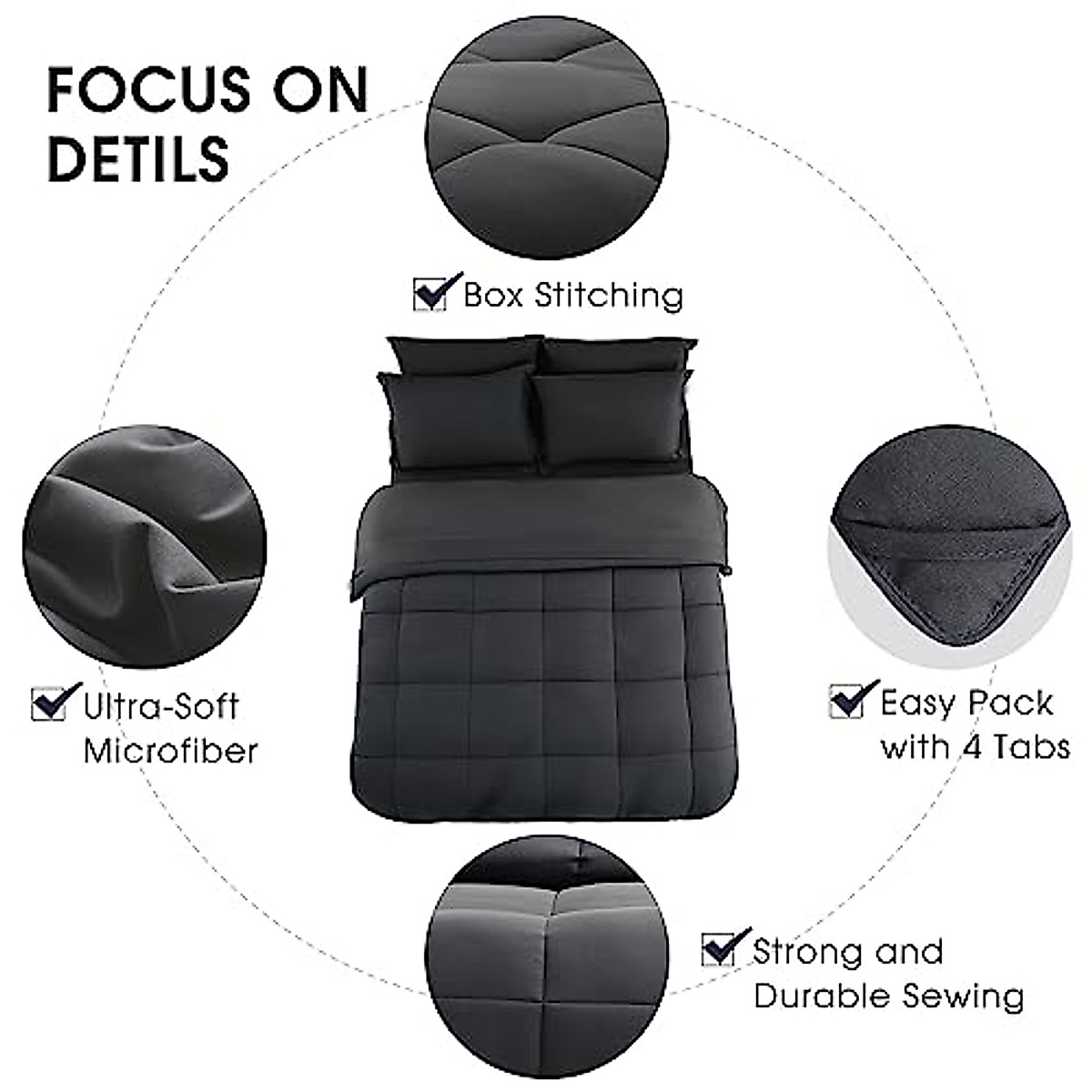 KELTARO King Size Comforter Set with 7 Pieces Bed in a Bag - All Season Bedding Sets with Soft Quilted Warm Fluffy Comforter, Flat Sheet, Fitted Sheet,2 Pillow Shams and 2 Pillowcases,Dark Grey