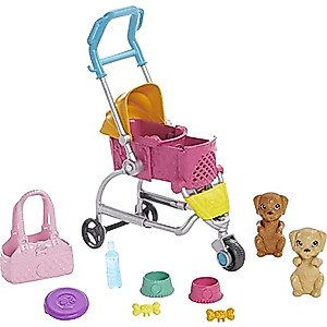 Barbie Dogwalking Doll & Accessories, Stroll & Play Pups Playset with Transforming Stroller, 2 Pets & Handbag, Brunette Doll,Pink
