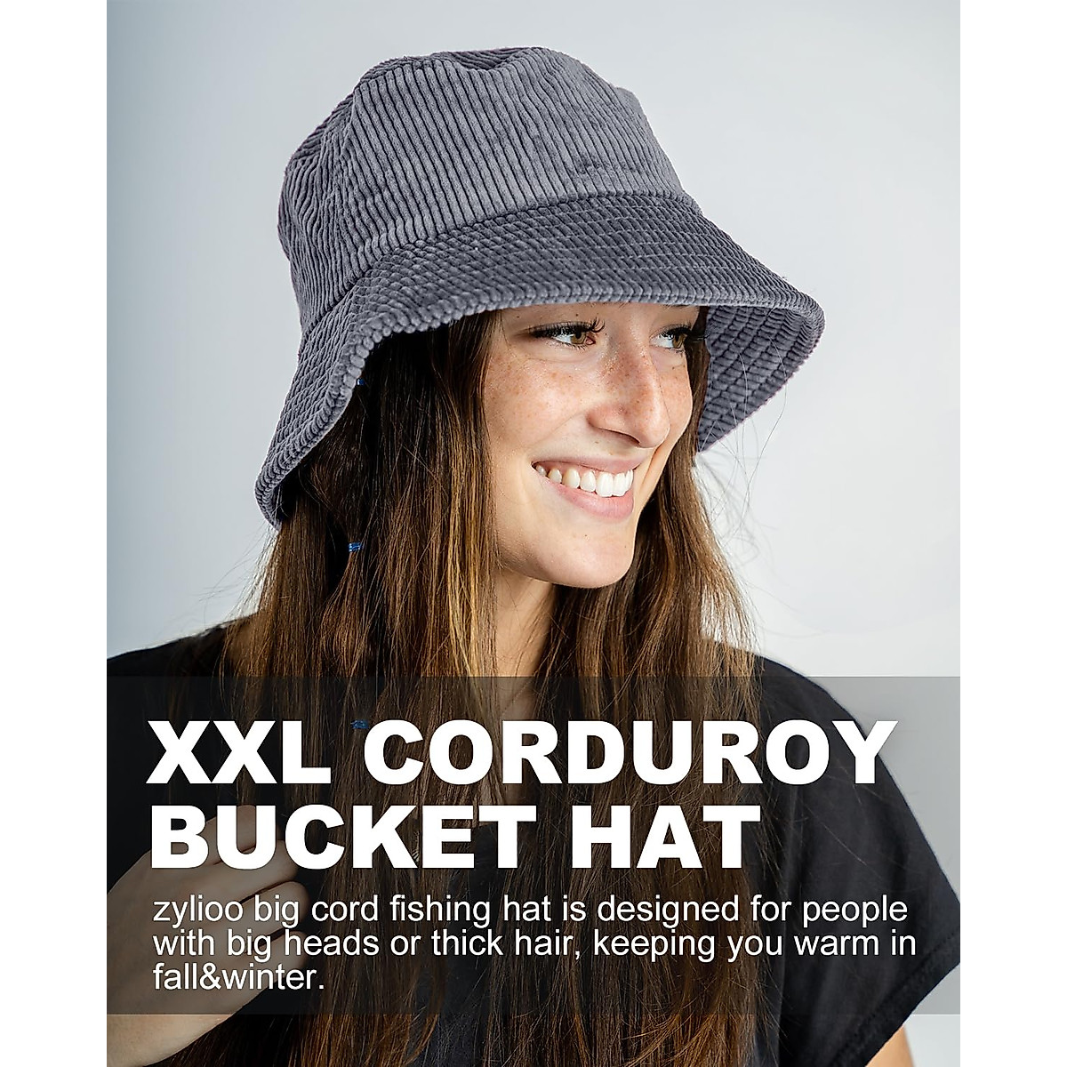 Zylioo XXL Oversize Corduroy Bucket Hat,Adjustable Large Fishing Sun Hats,Big Heads Golf Hat for Cool Weather Dark Gray