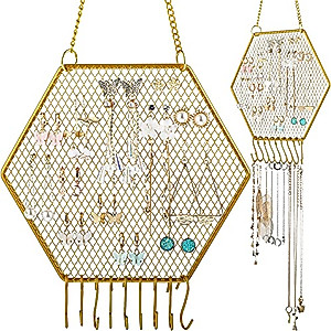 2 Pieces Earring Wall Holder Wall Mounted Earring Organizer Hanging Hexagon Earring Stand Decorative Diamond Grid Shape Jewelry Display Rack with Hanging Hooks for Earrings Necklaces Bracelets (Gold)