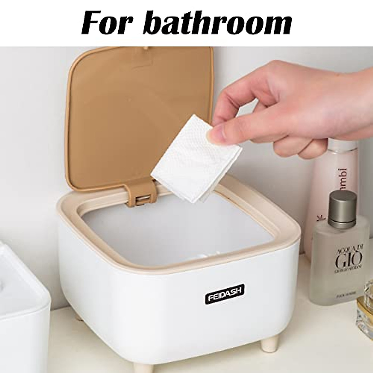 URALFA Mini Countertop Trash can，Mini Desktop Wastebasket with Lid，Tiny Garbage Can for Office,Bathroom Vanity, Desktop, Tabletop or Coffee Table,0.5 Gallon White Square Wastebasket