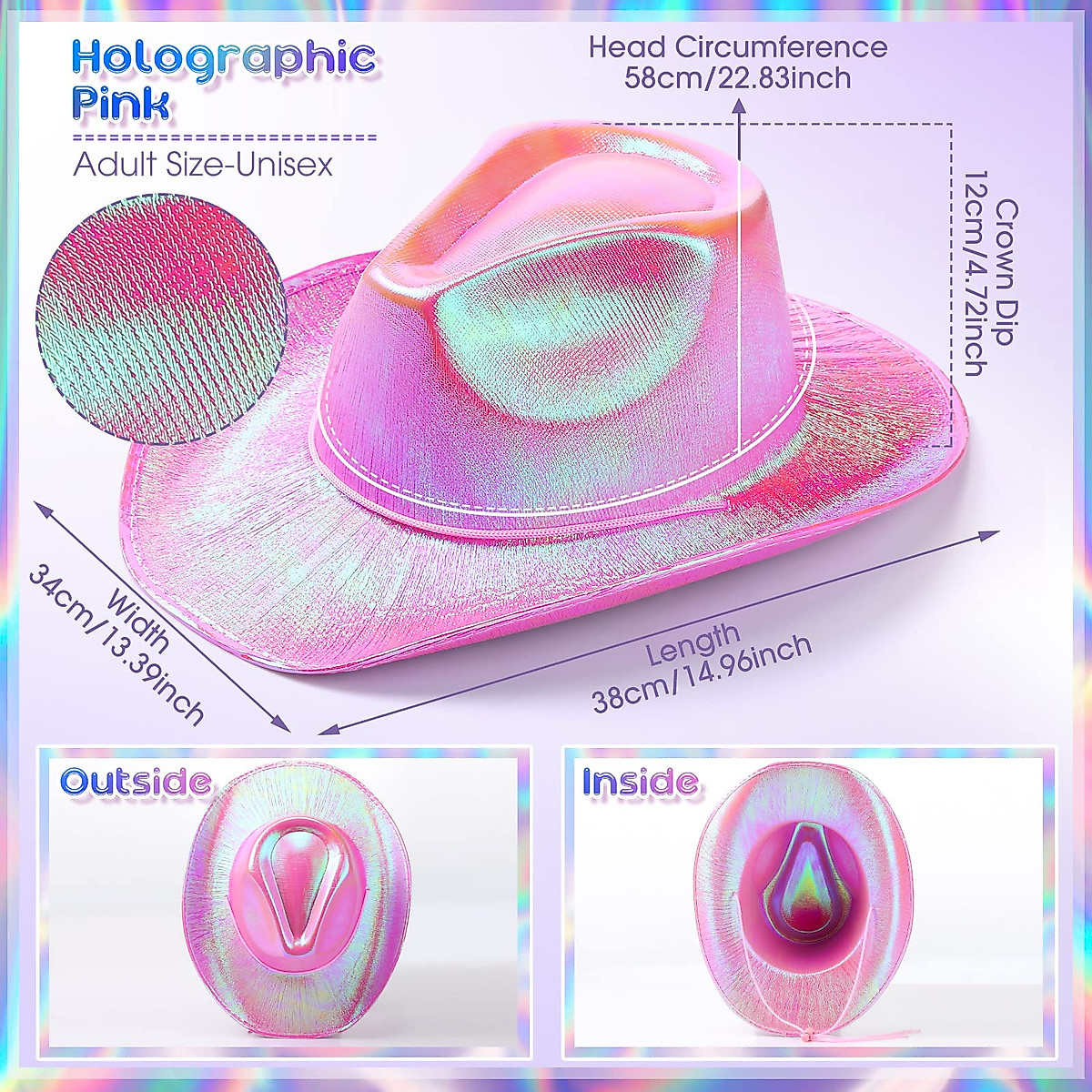 Coume 12 Pcs Neon Sparkly Glitter Cowgirl Cowboy Hat for Women Girl Holographic Cowboy Hat Bulk for Bachelor Halloween Party(Pink,Stylish Style)