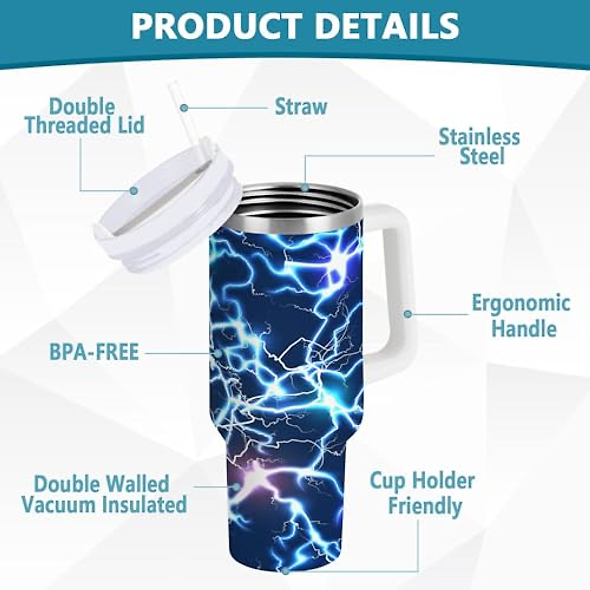 Exnundod 40 oz Tumbler with Handle Abstract Blue Lightning Insulated Stainless Steel Cup with Lid and Straw Travel Cup Leak-proof Fits in Car Cup Holder for Iced & Hot