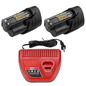 Dosctt 2 Packs 12 Volt 3.0Ah Lithium ion 48-11-2401 Battery Replacement for Milwaukee 12V Battery 48-11-2402 48-11-2420 48-11-2440 48-11-2460 and 48-59-2401 Charger(Black)