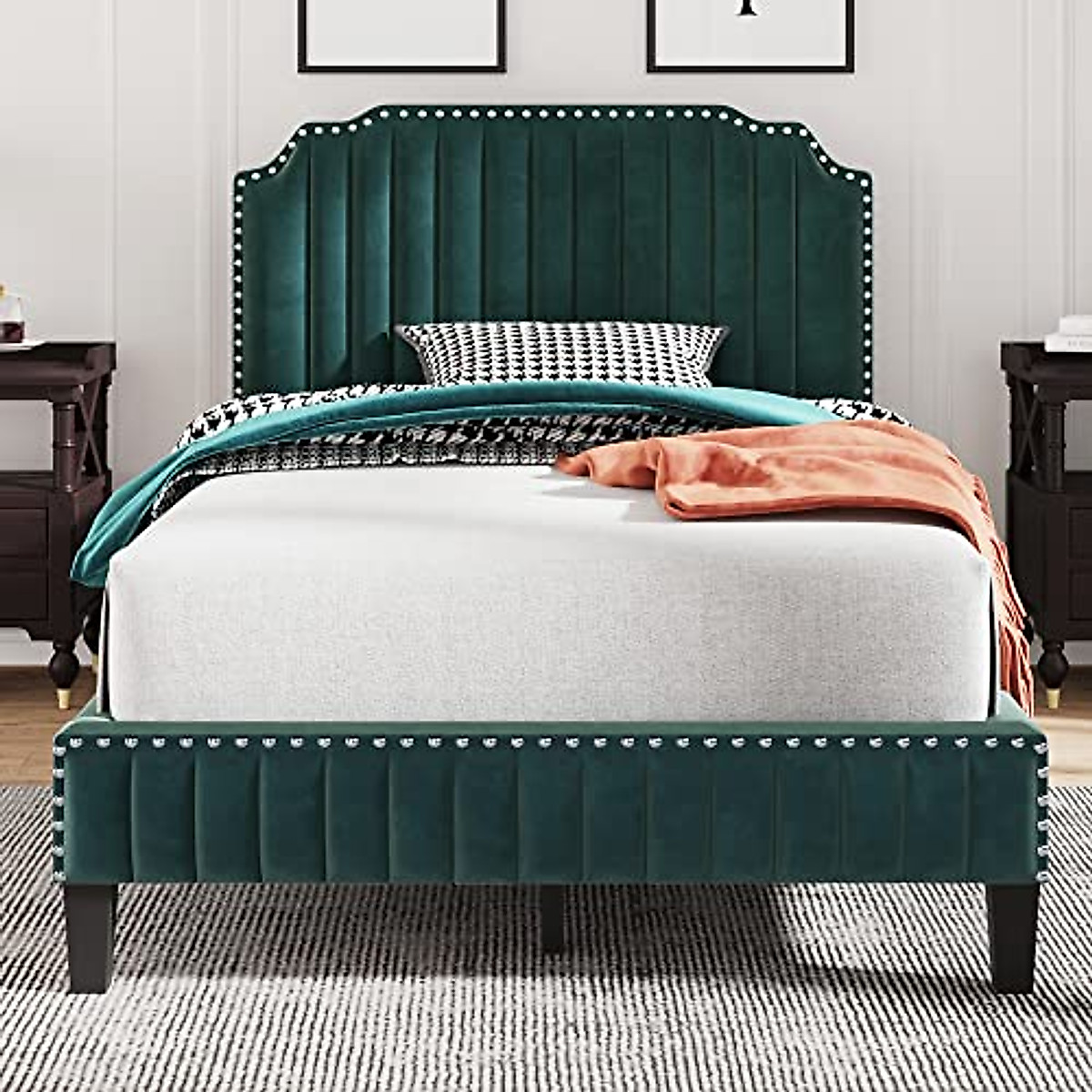 Livavege Full Size Bed Frame, Velvet Upholstered Full Platform Bed Frames with Curved Headboard, Mattress Foundation/Strong Wooden Slats Support/No Box Spring Needed/Easy Assembly, Green