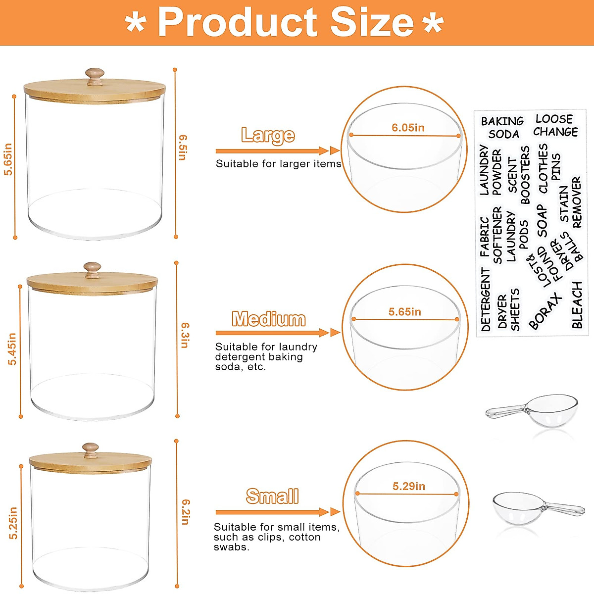 Large Capacity Laundry Room Organization Jars, 3 Pcs Acrylic Laundry Detergent Container with 2 Scoops & Labels, Clear Laundry Jars for Powder, Dryer balls, Pods,Scent Boosters, Laundry Room Storage