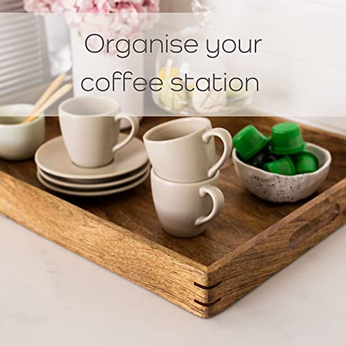 Otucha Large Ottoman Tray, 20 x 14 inches, Real Wood Large Serving Tray with Handles, Sturdy Design, Decorative Tray for Coffee Table (Natural)