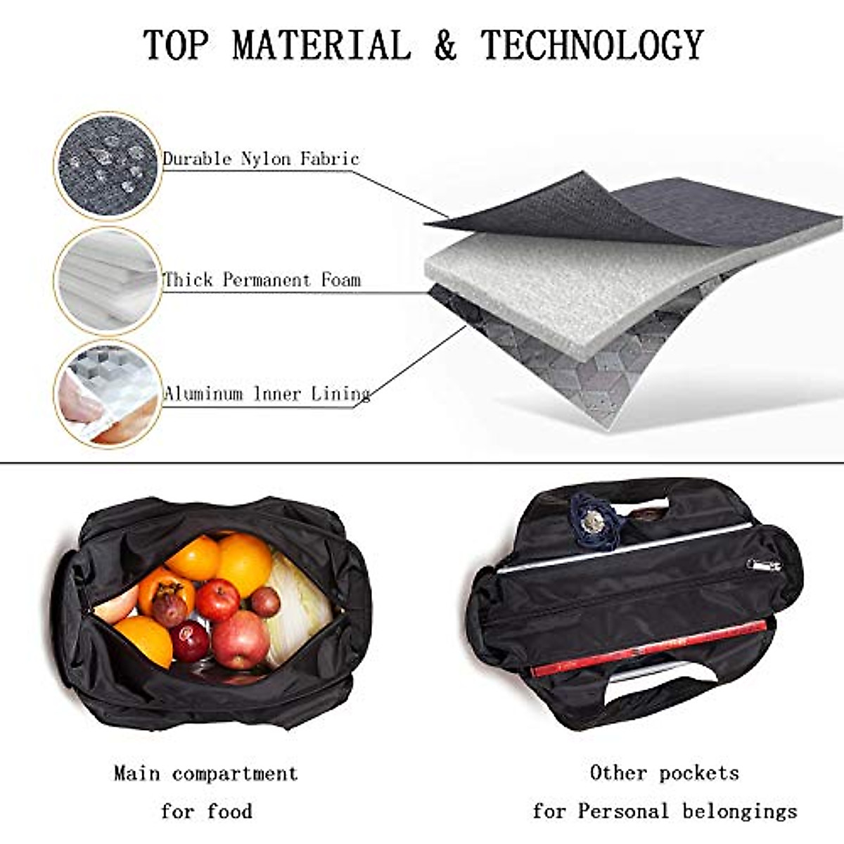 Scorlia Insulated Lunch Shoulder bag, Extra Large Lunch Tote Handbag, Durable Reusable Cooler Ladies lunch Box Bag with Side pockets, Tall Drinks Holder for Women Men Work, Black