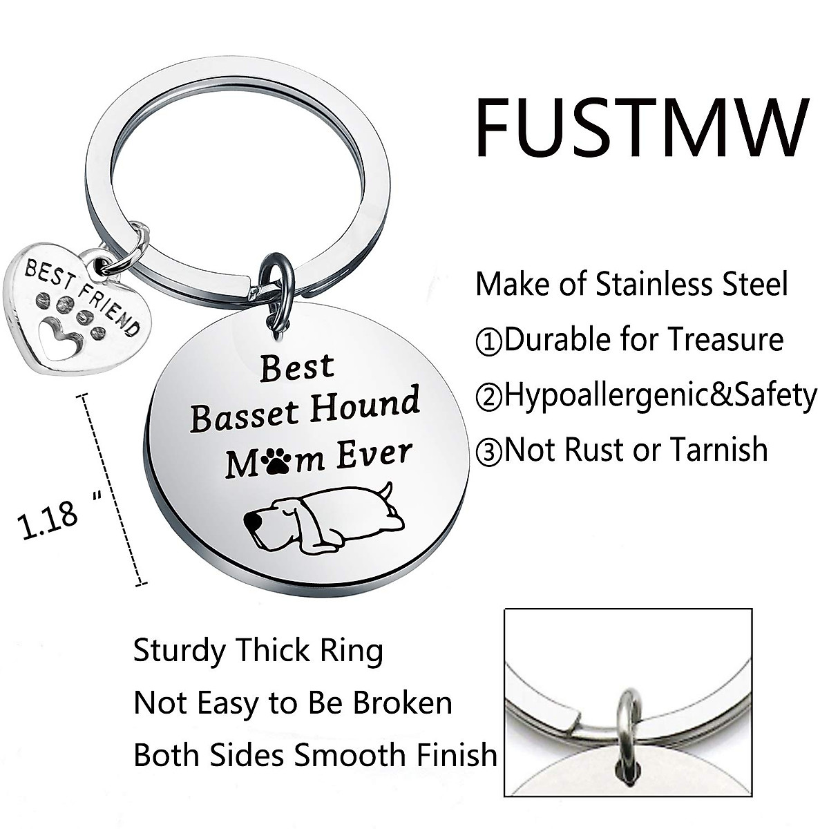 FUSTMW Basset Hound Keychain Best Basset Hound Mom Ever Gifts Dog Mom Owner Basset Hound Gifts Dog Lover Jewelry Gifts (silver)