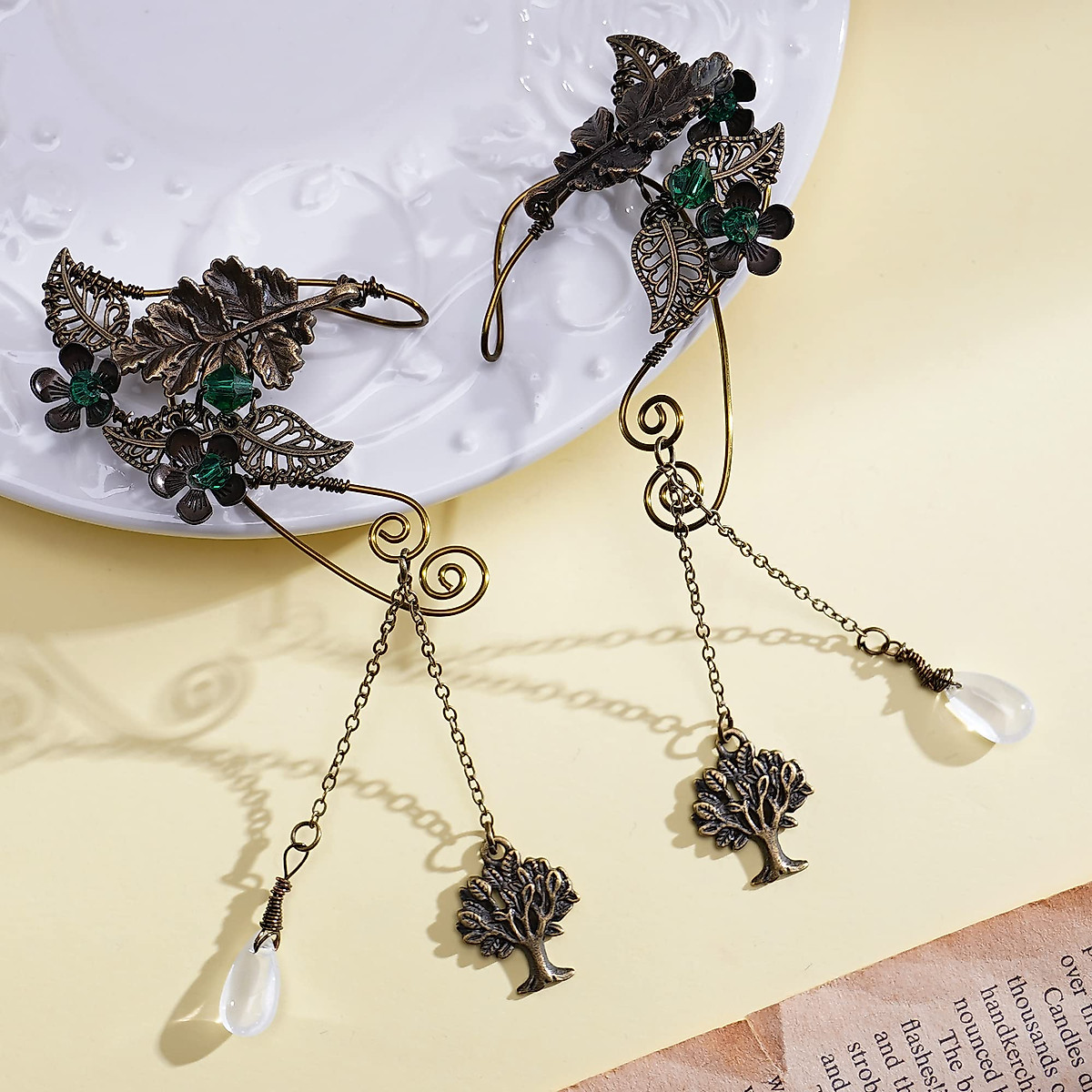 Renaissance Handmade Cherry Blossom Elf Fairy Ear Cuffs - Bronze Forest Antique Vintage Earrings with Green Rhinestone Delicate Dangle Ear Jewelry for Women Christmas Halloween Costume Dress Up Accessory