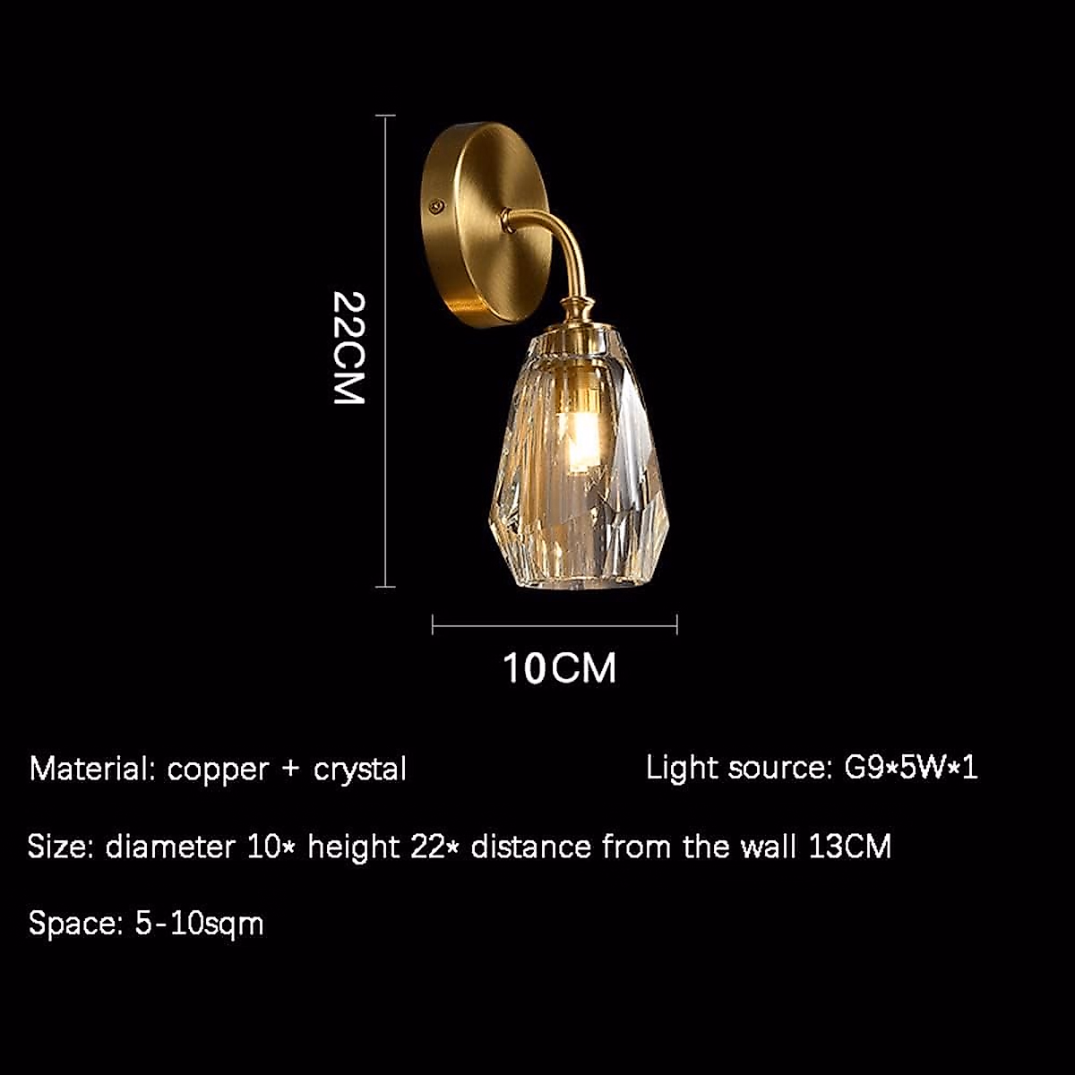 HOBIBA Reading Light Copper Wall Sconce, K9 Crystal Shade Wall Lamp, Bedside G9 Wall Lighting Adjustable Cord Wall Lights for Bedroom Hallway Bathroom (Size:A)