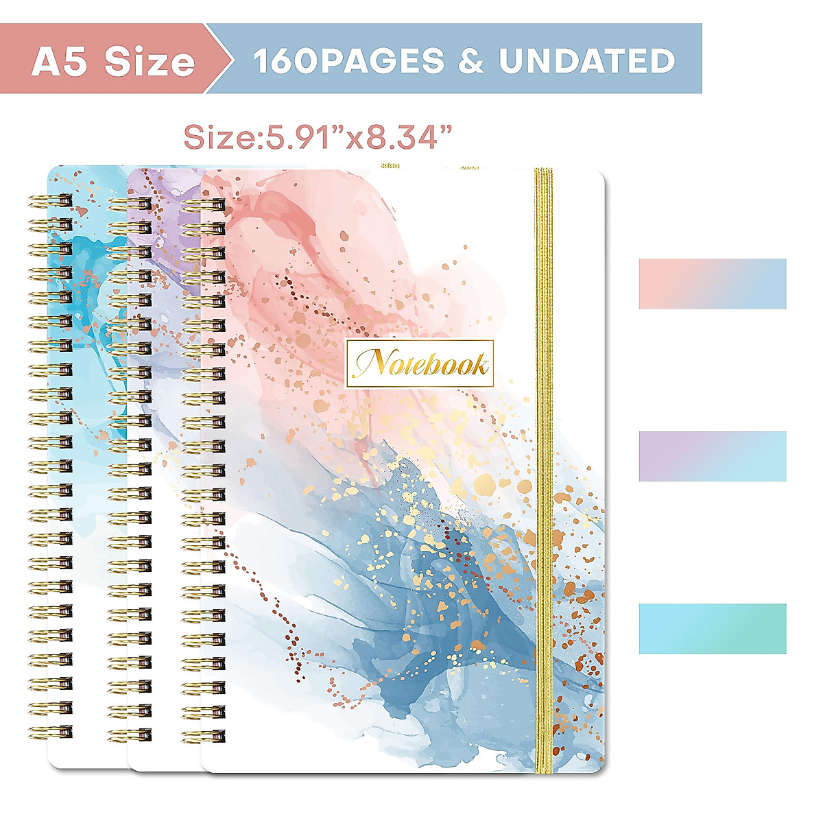 Spiral Notebook - 3 Pack College Ruled Notebook, 5.6'' x 8.3'' Journal Notebook, 80 Sheets / 160 Pages Per Journal with Spiral Bound, Inner Pocket, Journal for Women, Notebooks for Work