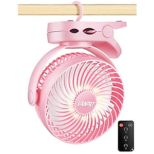 VANPRT 6'' Portable Hanging RV Tent fan with Remote Control,10000mAh Battery Camping Fan with LED light and Timer, 40 Hours Working Time Rechargeable Clip Fan, as Emergency Power - Pink