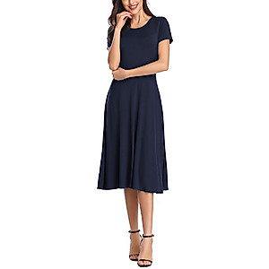 Urban CoCo Women's Vintage Short Sleeve High Waist Flared Midi Casual Summer Dress Navy Blue