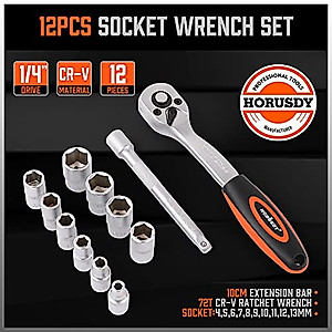 HORUSDY 12-Pieces 1/4” Ratchet Socket Wrench Set, Drive Socket Set, 4mm -13mm Sockets and, Quick Released Ratchet Handle and 10 cm Extension Bar