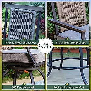 PHI VILLA 5 PCS Outdoor Rattan Swivel Bar Set, Bar Height Chair with 3.5" Thicker Cushion & Retro-Metal Square Table,Sturdy and Durable Bar Set for Poolside,Yard