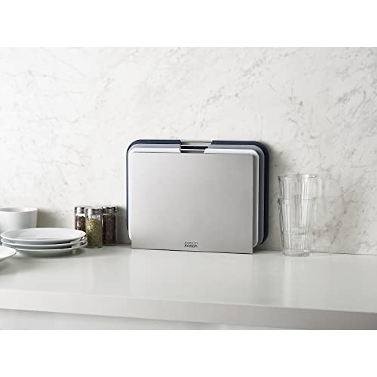 Joseph Joseph Nest Plastic Cutting Set with Storage Stand 3 Different Sized Boards, Large, Grey