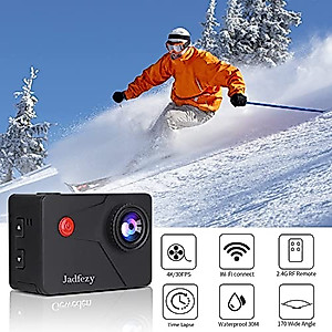 Jadfezy Action Camera 4K with WiFi, Remote Control, Sports Camera with Charger and 2×1350 mAh Batteries, 30M/98FT Waterproof Camera Mounting Accessories for Helmet and Bicycle etc. (4K 30FPS)