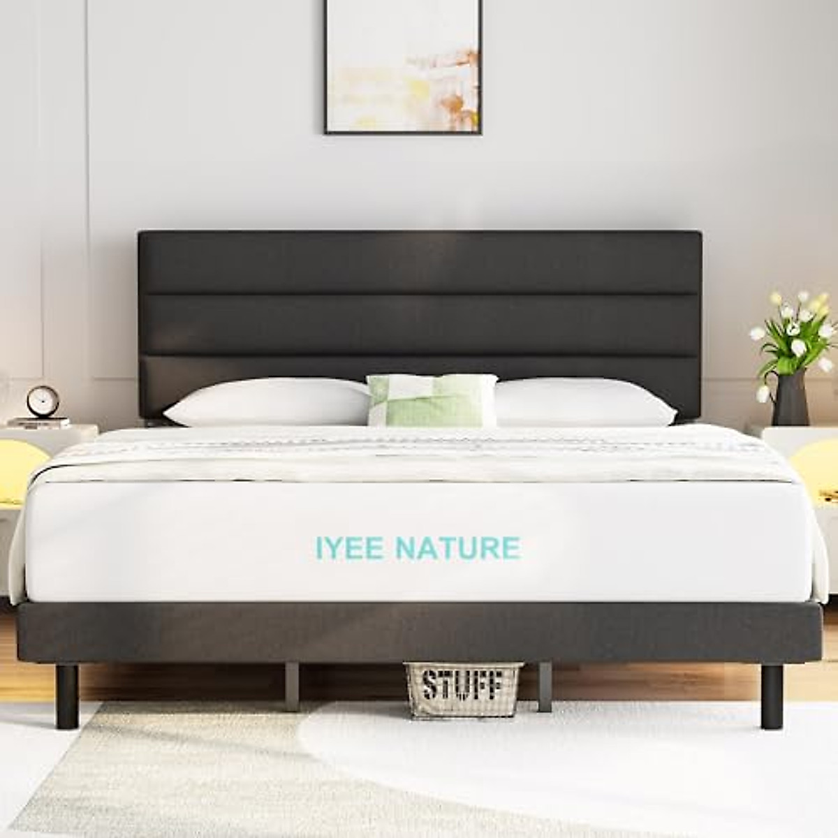 IYEE NATURE Full Bed Upholstered Platform with Headboard and Strong Wooden Slats, Strong Weight Capacity, Non-Slip,No Box Spring Needed, Easy Assembly,Bed,Dark Gray