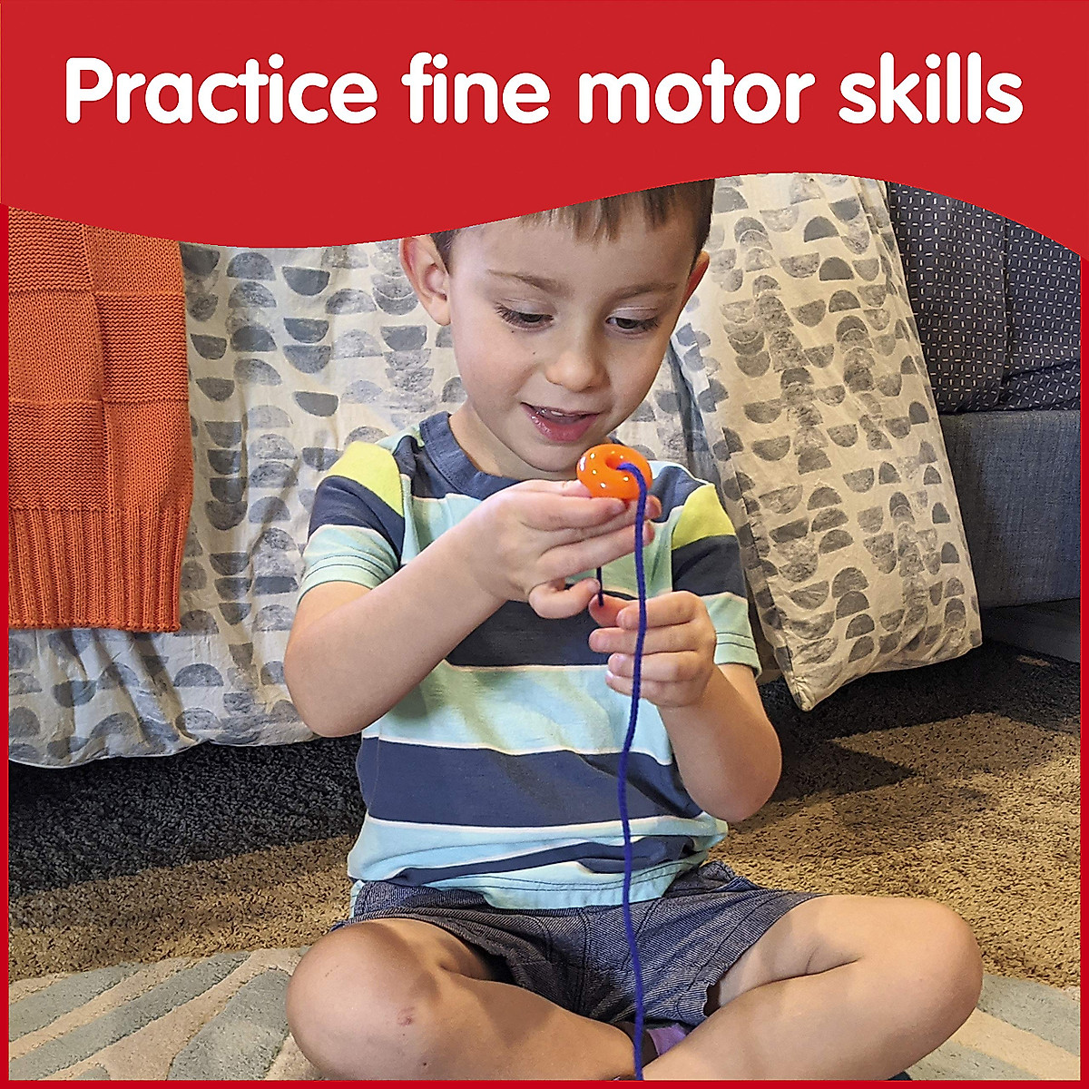 edxeducation Geo Pegs and Peg Board Set - 36 Pegs in 3 Shapes and 6 Colors + 3 Laces - Ages 18m+ - Homeschool Supplies for Preschool Activities