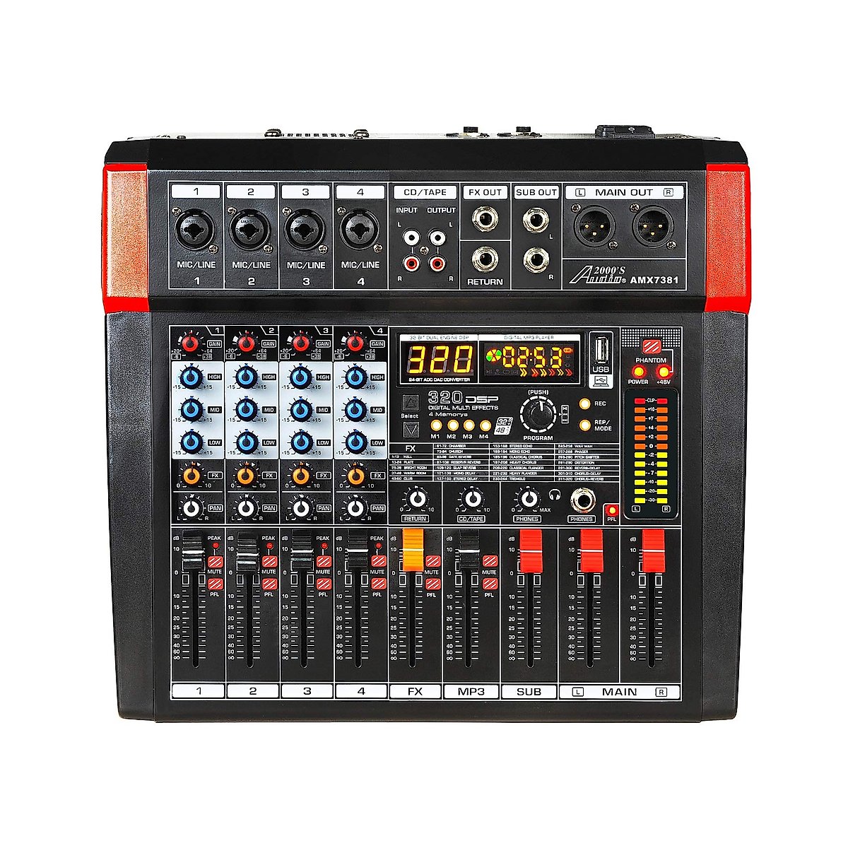 Audio2000'S AMX7381 Four-Channel Powered Audio Mixer with 320 DSP Sound Effects, Stereo Sub Out with Sub-Out Level-Control Fader, Level-Control Faders on All Channels, and USB/Computer Interface