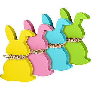 4 Pieces Easter Bunny Table Wooden Signs Spring Bunny Decor Easter Rabbits Shape Signs Farmhouse Easter Decor Easter Tiered Tray Decor with Rope for Easter Party Supplies Desk Office Home Decoration