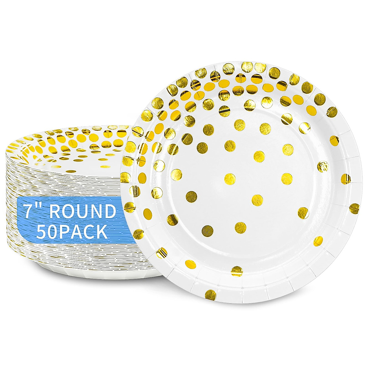 DYLIVeS White and Gold Paper Plates, 7 inch Metallic Foil Polka Dots Disposable Dessert Party Plates Cocktail Party Supplies Plates for Birthday, Bridal Shower, Easter, Graduation Party, 50 Pack