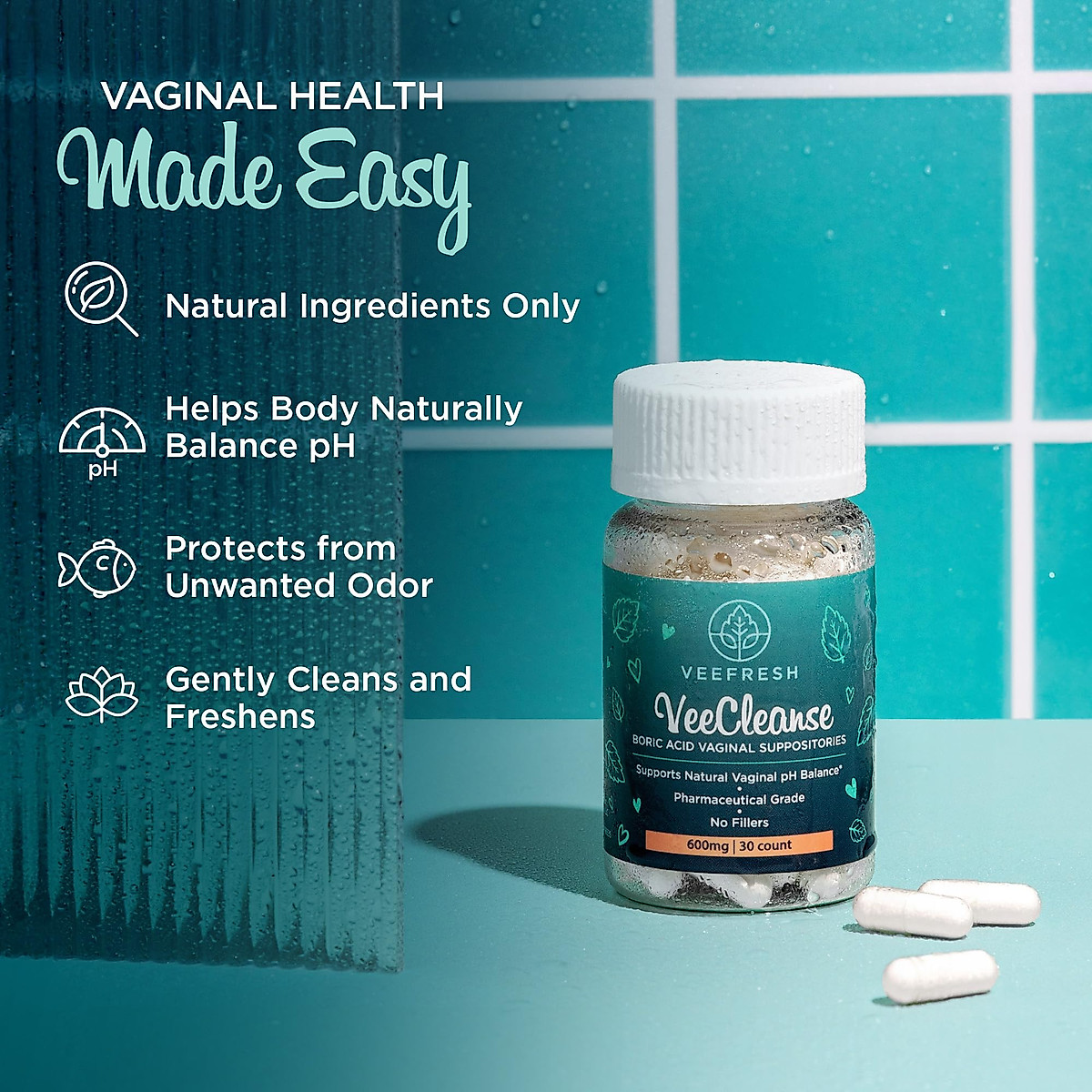 VeeFresh - VeeCleanse Boric Acid Vaginal Suppositories - Vaginal pH Balance Suppositories - Vaginal Odor Control - Feel Fresh, Feminine and Confident