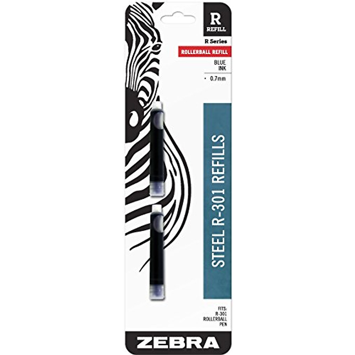 Zebra R-301 Stainless Steel Rollerball Pen Refill, Blue Ink, 2-Count