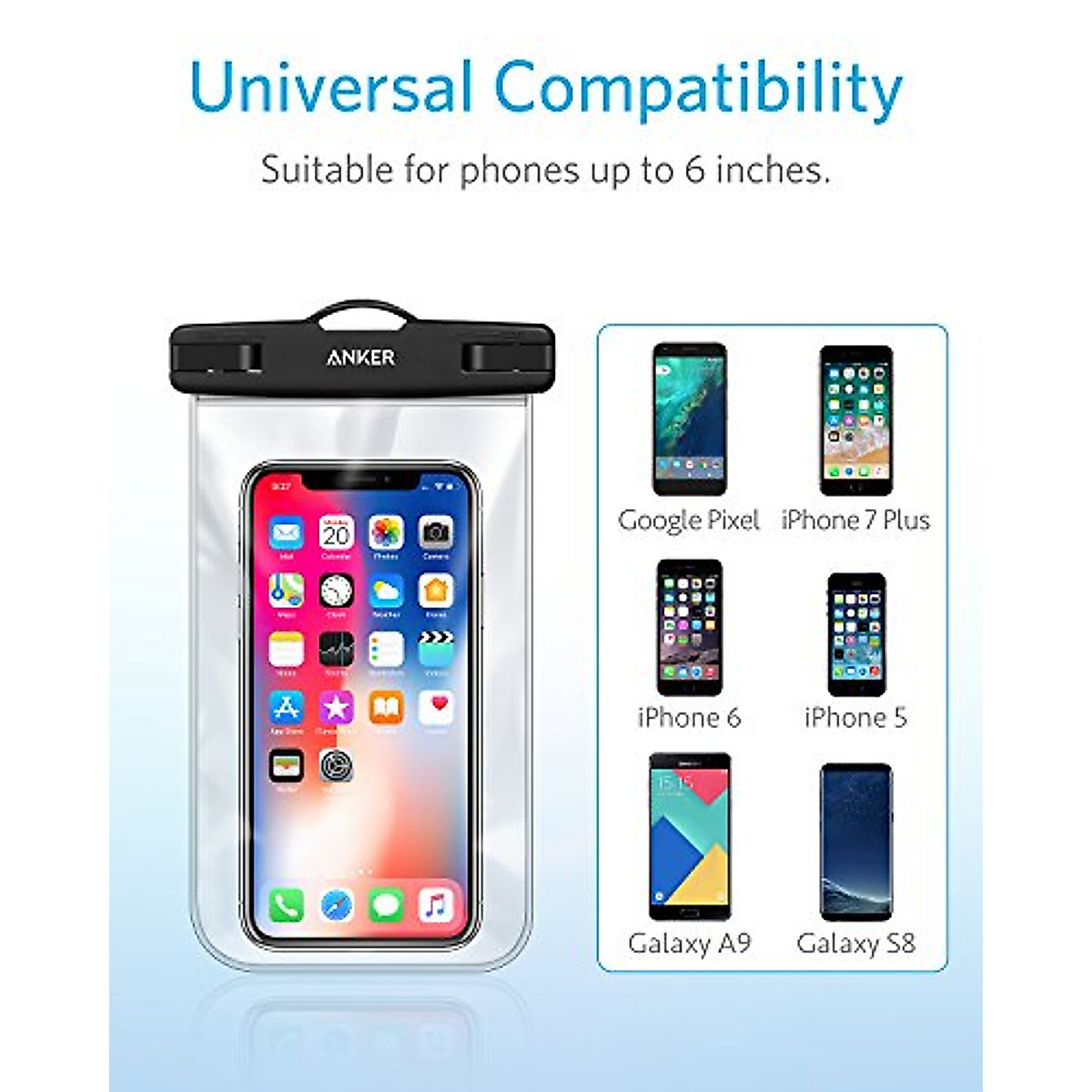 Anker Universal Waterproof Case, IPX8 Waterproof Phone Pouch Dry Bag for iPhone X / 8 / 8 Plus, Samsung Galaxy S8 / S7, Samsung Note Series, Google Pixel 2, up to 6 Inches—2 Pack