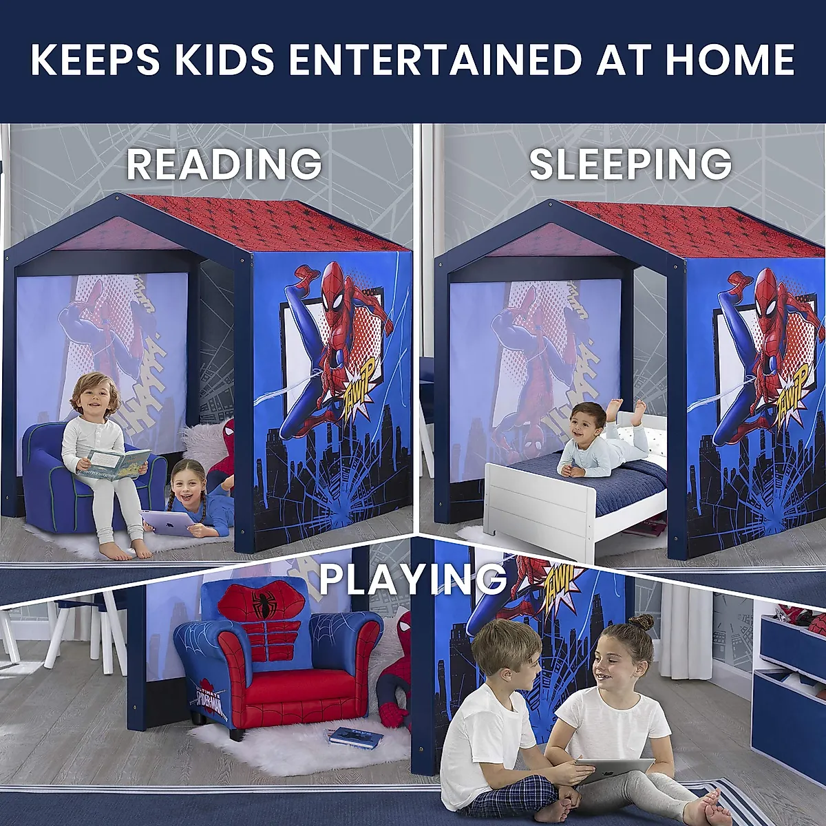 Marvel Spider-Man Indoor Playhouse with Fabric Tent for Boys and Girls by Delta Children, Great Sleep or Play Area for Kids - Fits Toddler Bed, Greenguard Gold Certified