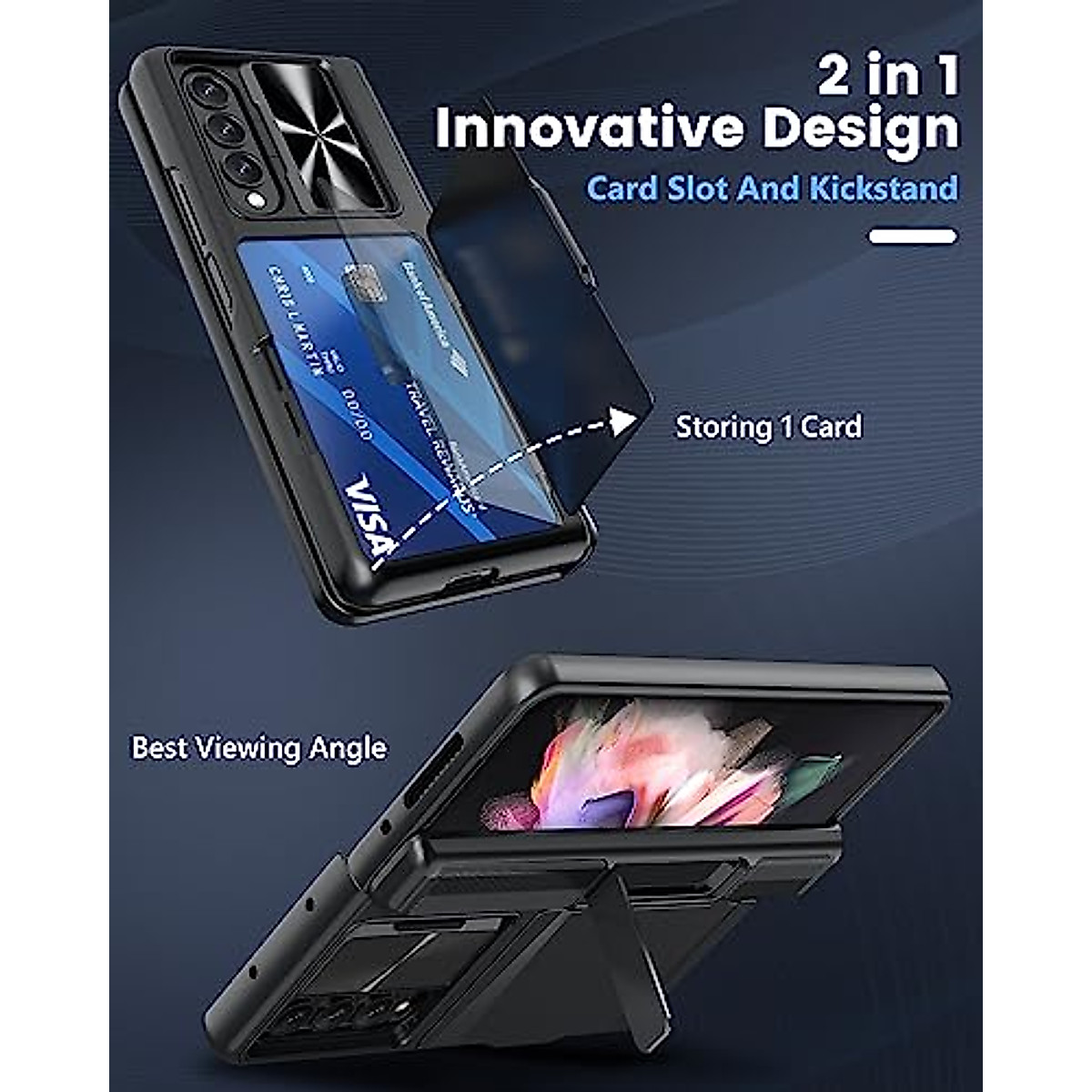 Viaotaily for Samsung Galaxy Z Fold 3 Case with Card Holder & Kickstand & Slide Camera Protection, Built-in Screen Protector & Hinge Protection, Durable Shockproof Wallet Phone Case for Z Fold 3,Black