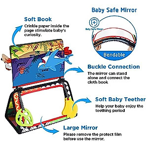 KETIEE Baby Tummy Time Mirror Toys, 3 in 1 Black and White High Contrast Infant Toys with Crinkle Cloth Book, Shark Doll & Teether Newborn Montessori Sensory Toys for Baby Boy Girl 0-3-6-9-12 Months