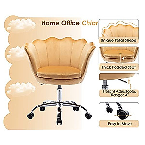 CIMOTA Desk Chair Velvet Cute Adjustable Vanity Chair Modern Home Office Chair Scalloped Task Chair with Wheels for Teens Adults Bedroom/Study/Make Up/Computer Room, Yellow