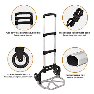 RedSwing Folding Hand Truck, 165lbs Capacity Lightweight Portable Hand Cart with Bungee Rope and 2 Rubber Wheels, Heavy Duty Foldable Hand Dolly for Home Shopping，Moving，Travel，Office ，Silver