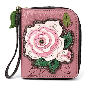 Chala Group Handbags Pink Rose Zip-Around Wallet - Wristlet, Brown, 5 inch x 6 inch x 1 inch