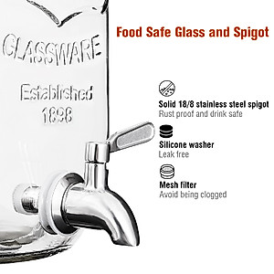 mustry Glass Drink Dispenser for Parties, 1 Gallon Beverage Dispenser with Stand and Spigot Solid Stainless Steel, Used as Lemonade Dispenser Sun Tea Jar Kombucha Jar, Set of 2