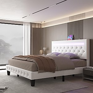Benevika Full Size Bed Frame with LED Lights, Upholstered Platform Bed Frame, Adjustable Headboard with Charging Station, Wooden Slats Support, Easy Assembly, No Box Spring Needed, White