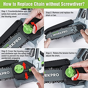 WORKPRO Mini Chainsaw, 6.3“ Cordless Electric Compact Chain Saw with 2 Batteries, One-Hand Operated Portable Wood Saw with Replacement Guide Bar and Chain for Garden Tree Branch Pruning, Wood Cutting