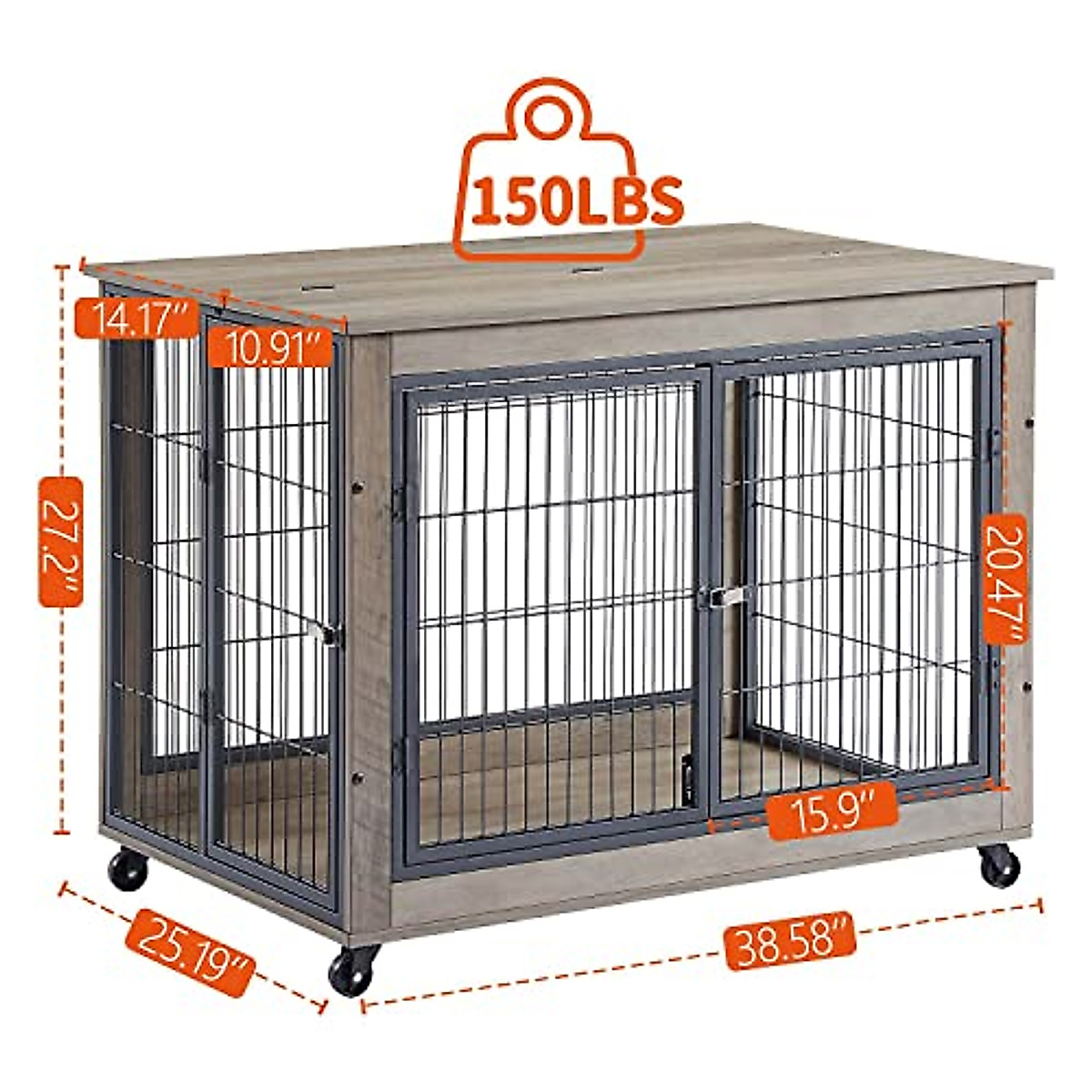 IchbinGo Dog Crate Furniture, Wooden Dog Crate Table, 38.5" Dog Kennel with 3 Doors, Flip-up Top Opening and Wheels, Decorative Pet Crate Dog House for Large/Medium/Small Dog Indoor Use (Rustic Grey)