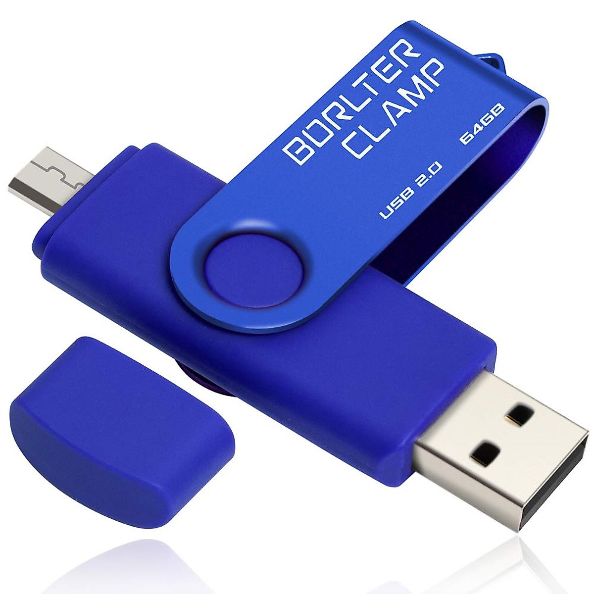 BorlterClamp 64GB USB Flash Drive Dual Port Memory Stick, OTG Thumb Drive with Micro USB Drive Port for Android Smartphone Tablet & Computer (Blue)