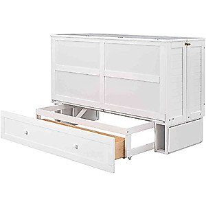 DNYN Queen Size Mobile Murphy Bed with Storage Drawer, Wood Bedframe w/Little Shelves on Each Side, Can Convert to Cabinet for Guest Room Home Office, White