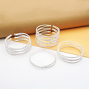 JSEA 4-Womens Rhinestones Cross Cuff Bracelet Open End Wide Bangle Silver tone