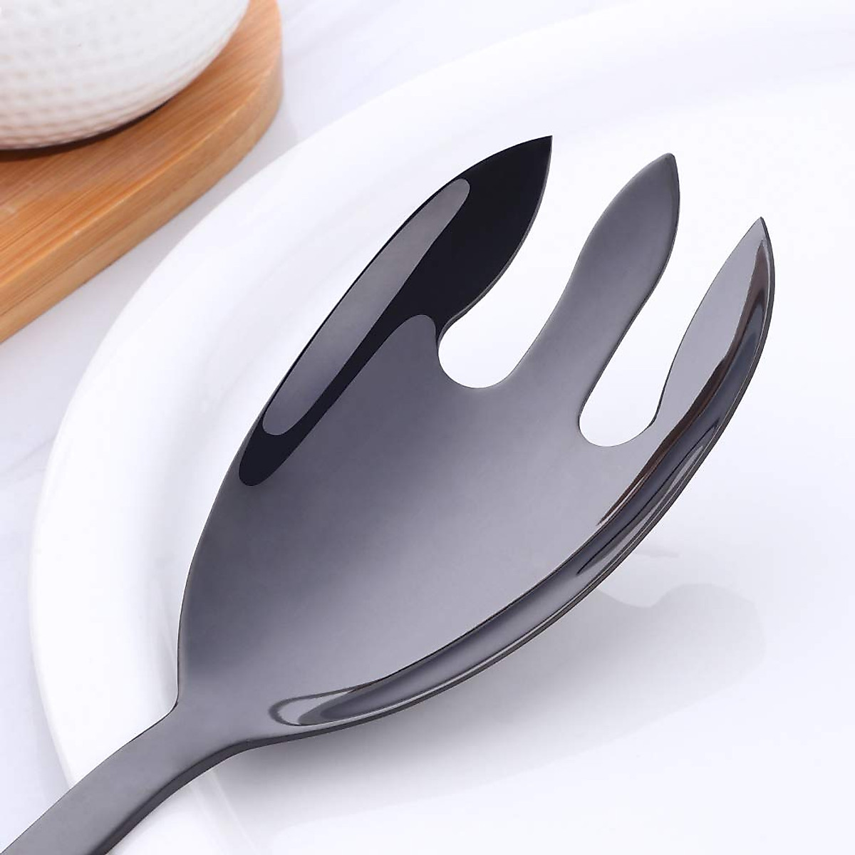 Mingcheng 12 Inches Stainless Steel Salad Server Sets with Salad Spoon and Fork, Cooking Utensils for Kitchen, Simple and Classic Dishwasher Safe(Black)