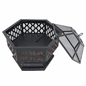 LEMY Hex Shaped Fire Pit Wood Burning Fireplace Firepit Bowl with Spark Screen Cover Patio Backyard Heater Steel 24"