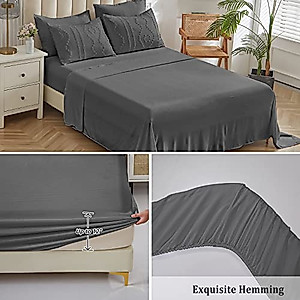 Luxudecor Dark Grey Boho Comforter Set Queen Size 7 Piece Bed in a Bag, Tufted Shabby Chic Comforter, Elegant Embroidery Bedding Set for All Season (Dark Grey, 90''x90'')