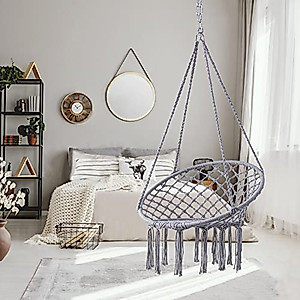 HBlife Hammock Chair, Hanging Swing with Macrame, Max 330 Lbs, Grey Hanging Cotton Rope Chair for Indoor, Outdoor, Bedroom, Patio, Yard, Deck, Garden and Porch, for Child