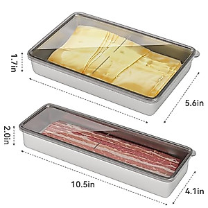 2 Pcs Bacon Container for Refrigerator, 304 Stainless Steel Airtight Deli Meat Storage Containers with Clear Lid and Non-Slip Bottom,for Kitchen Fridge Organizers and Storage (Square+Rectangular)