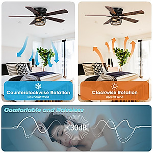 Parrot Uncle Low Profile Ceiling Fans with Lights and Remote, 48 Inch Black Ceiling Fan with Light Flush Mount Farmhouse Rustic Hugger Fan for Bedroom, Reverse Airflow, Timer, FREE Replacement