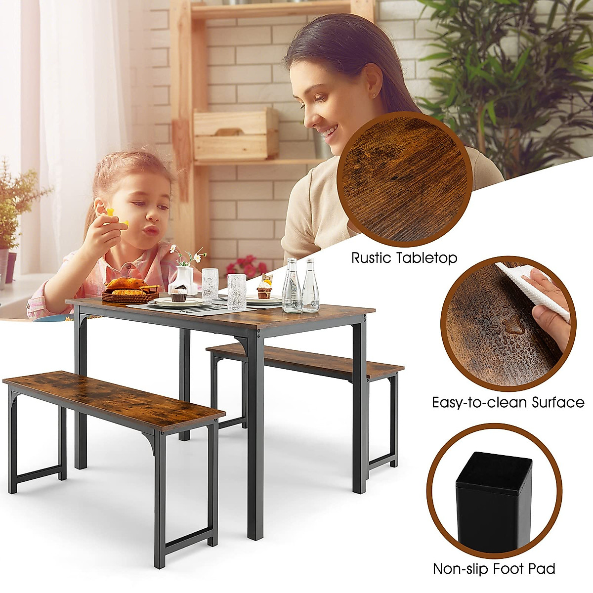 Giantex Dining Table Set for 4, Industrial Kitchen Table Set w/ 2 Benches, Space-Saving Dinette Set for Breakfast Nook, Dining Room, Kitchen, Easy Assembly (Mix Brown)